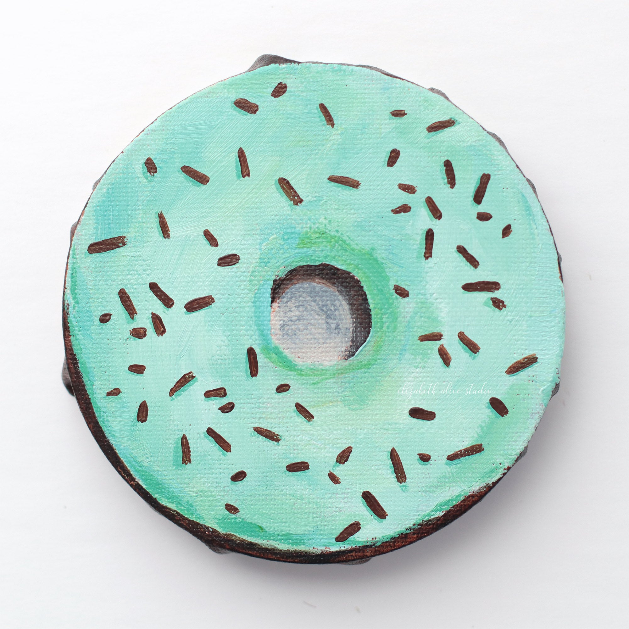 Mint chocolate donut, original acrylic painting on canvas - 4 x 4 inch ...